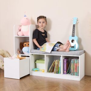 LEZASTAR Kids Reading Nook with Storage, Kids Bookshelf with Bench, Wooden Kids Toy Storage Organizer, Kids Bookcase with Seat Cushion for Bedroom, Playroom, Nursery, White