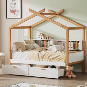 softsea full size wooden house bed original wood colored frame with 2 drawers and bookshelf storage space for kids bedroom, guest room, no box spring needed, easy assembly, white