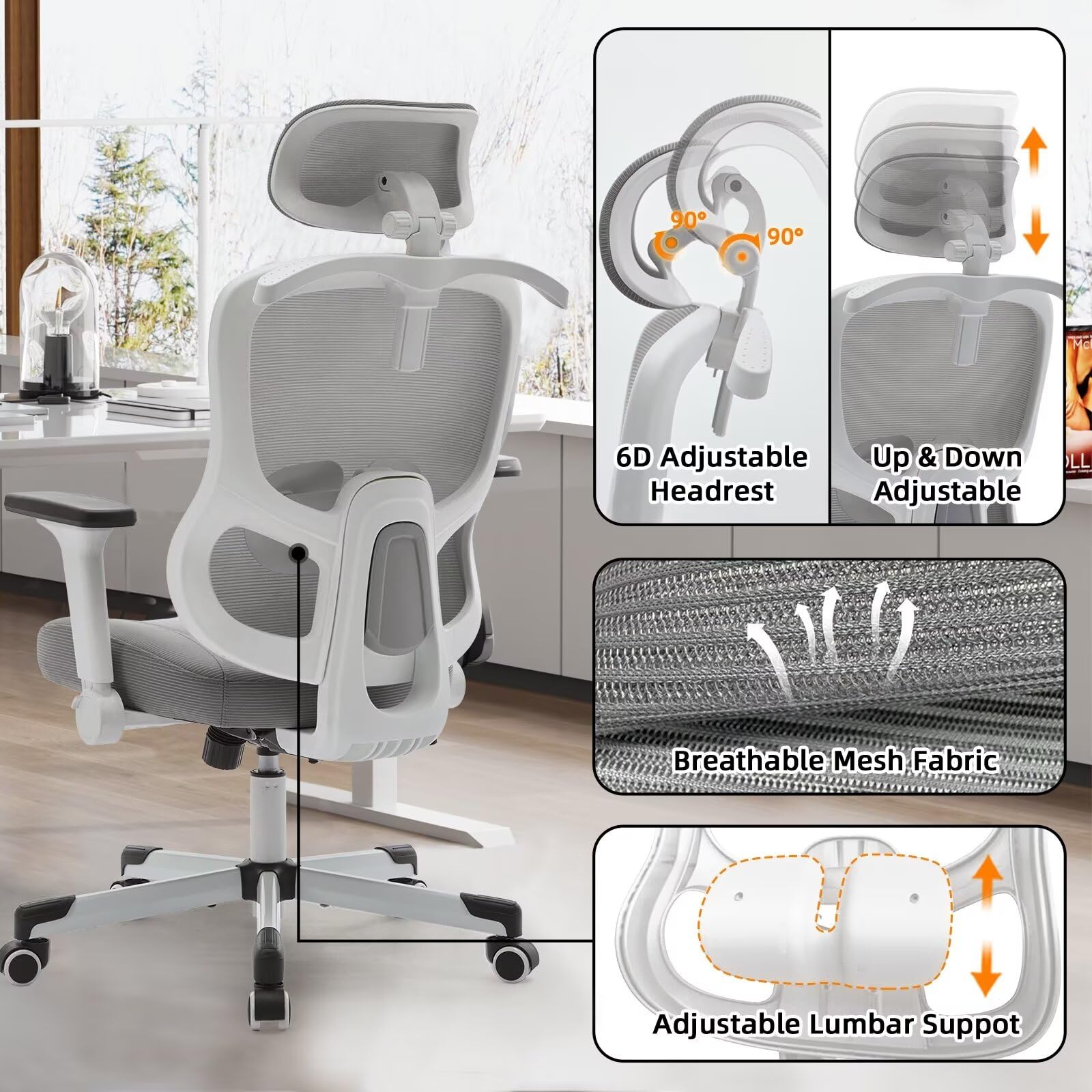 Ergonomic Office Chair Reclining Gaming Chair Adjustable Lumbar Support 4D Armrest 6D Headrest Breathable Mesh Swivel Computer Chairs Home Task Desk Chair Coat Hanger Tilt Lock (Pro, Grey)