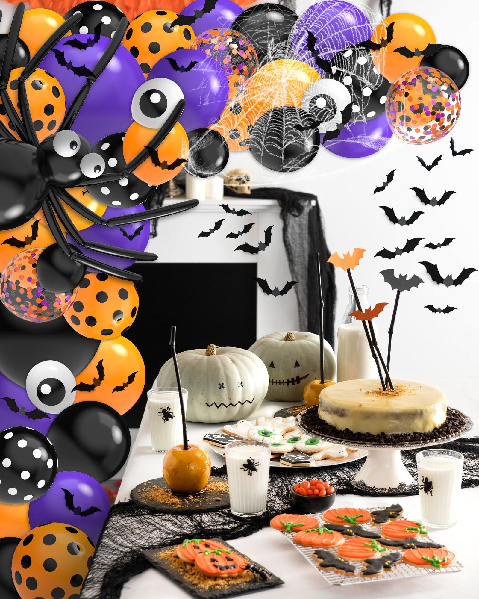 Gojmzo Halloween Balloon Garland Arch Kit, Purple Orange and Black Confetti Balloons with Spider Web Bats for Halloween Party Decorations, Halloween Decorations Indoor Outdoor