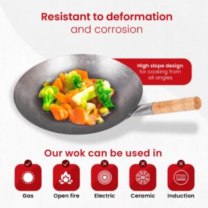 14-inch Fire Wok – Hand Hammered Carbon Steel Wok Pot – Pre-Seasoned Nonstick Round Bottom Wok for Induction, Electric, Gas Stove – Traditional Stir-Fry Pan with Ergonomic Handle With Bonus Ring