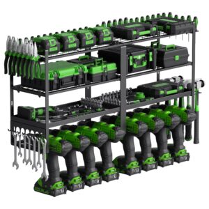 sixfivsevn power tool organizer, 8 drill holder wall mount, 4 layers garage tool organizers and storage rack, heavy duty metal tool shelf with hooks/screwdriver holder/plier holder/hammer holder