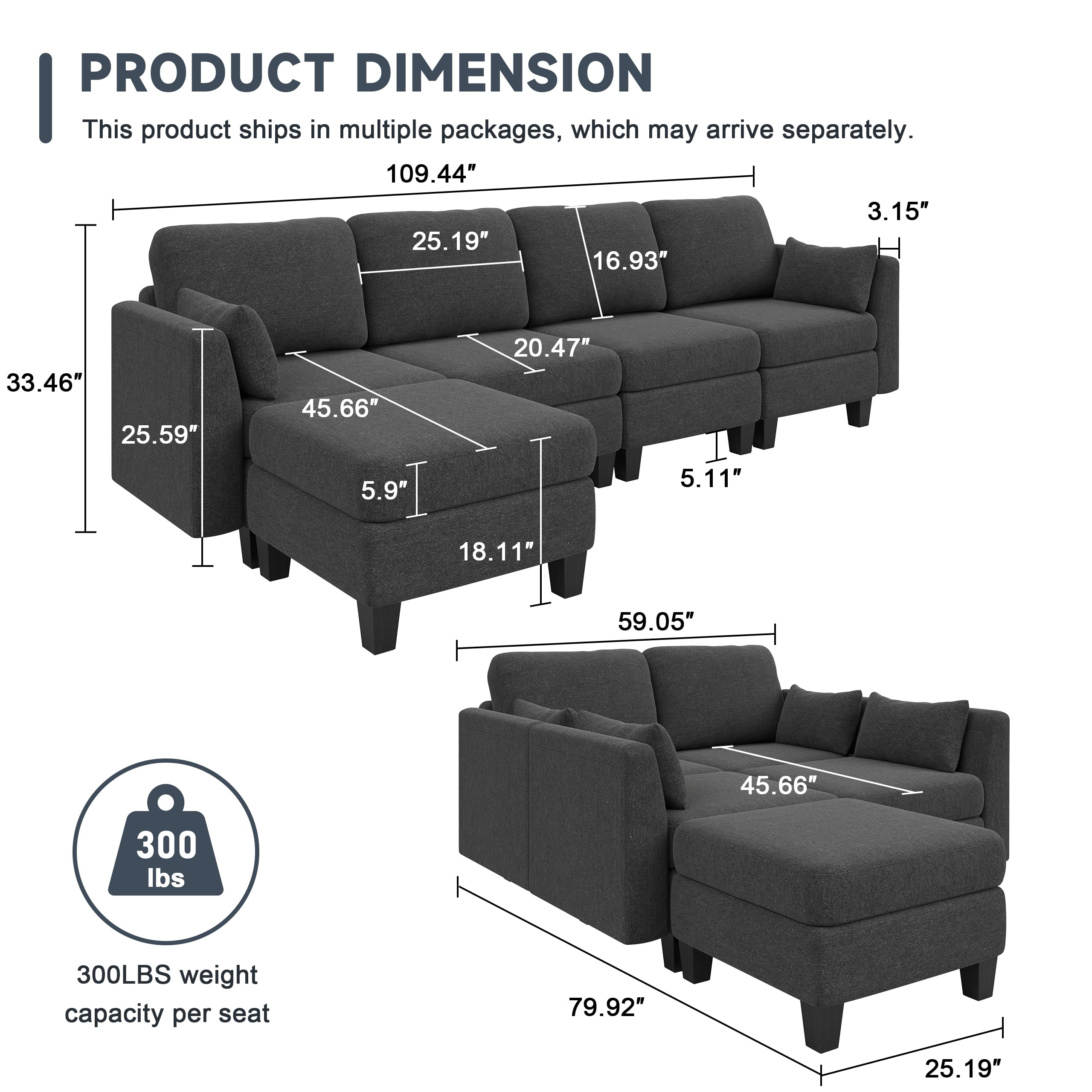 Huatean Home Modular Sectional Sofa, Convertible L Shaped Sofa Couch with High Density Memory Foam, 5 Seat Comfy Modular Sofa Couch for Living Room, Modern L Shaped Sectional Sofa, Dark Grey