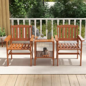 Tangkula 3 Piece Patio Conversation Set, Outdoor Wood Conversation Seat with Table and Umbrella Hole, Outdoor Furniture Set of 3 for Garden Poolside Backyard Balcony Porch