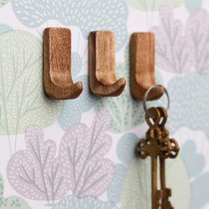 Indian Shelf 6 Pack No Damage Wood Wall Hooks- Small Adhesive Wall Hooks- Boho Key Decorative Wall Hooks for Hanging- Wood Hangers- Sticky Coat Hooks Wall Mount- Towel Hooks for Bathroom Wall Mounted