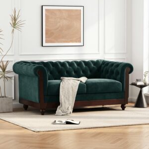 lumisol chesterfield velvet loveseat sofa with tufted button, rolled arm dutch plush upholstered sofa couch, 2 seater sofa couch furniture for living room apartment office, forest green