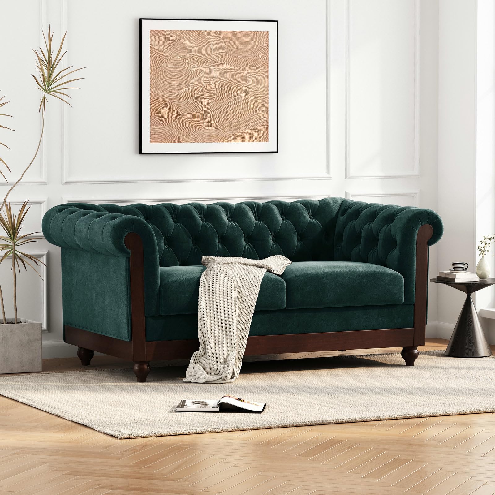 LUMISOL Chesterfield Velvet Loveseat Sofa with Tufted Button, Rolled Arm Dutch Plush Upholstered Sofa Couch, 2 Seater Sofa Couch Furniture for Living Room Apartment Office, Forest Green