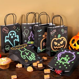 NODMIPNS 24 Pack Halloween Paper Gift Candy Bags with Handle,Halloween Neon Black Shining Trick or Treat Goody Bags,Kraft Paper Halloween Candy Bags for Goodie Snack Trick or Treating Party Supplies