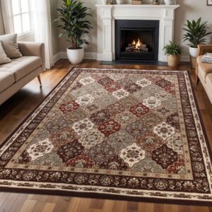 superior indoor area rug, floor decor, for kids, pets, bedroom, entryway, hallway, office, living room, dining, plush carpet cover, traditional floral classic, palmyra collection, 12' x 15', chocolate