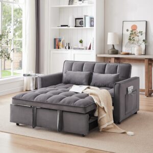 lumisol 3 in 1 sleeper sofa couch bed with pillows, 55.1” velvet convertible double sofa bed with adjustable back and storage packets, pull out 2-seater sleeper for living room, dark grey