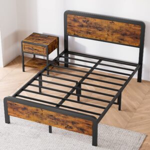 garveehome queen bed frame with headboard, industrial metal platform bed frame, rounded corners, no box spring needed, noise free, rustic brown