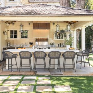 26.8" h rattan boho outdoor counter height bar stools set of 6, woven rope backrest & armrest outdoor barstools with aluminum legs for kitchen patio, slate gray