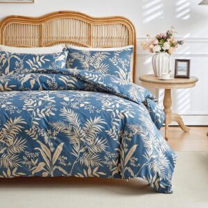 oldbiao botanical duvet cover set king size, 3 pieces blue floral leaf pattern bedding set with 2 pillow shams, farmhouse style soft microfiber comforter cover set for all season use