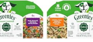 Greenies Smart Topper High Protein Wet Mix-in for Dogs, Chicken, Peas, Apples, and Brown Rice Recipe & Duck, Broccoli, Carrots and Barley Recipe Variety Pack with Whole Grains, 2oz. 8 Trays