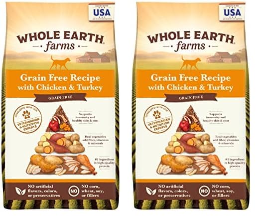 Whole Earth Farms Natural Grain Free Dry Kibble, Wholesome and Healthy Dog Food, Chicken and Turkey Recipe - 4 LB Bag (Pack of 2)