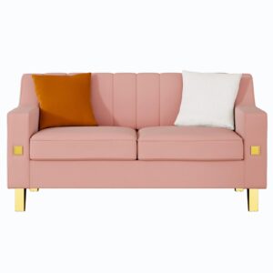 vluoo 58” velvet pink sofa couch with gold accents, 2-seat modern velvet loveseat sofa with plush cushions, perfect for living room and office