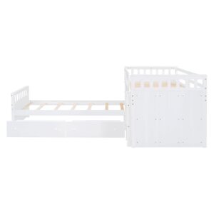 MERITLINE Twin Size Low Loft Bed and Twin Platform Bed Set, Solid Wood L-Shaped Kids Beds Frame with 7 Storage Drawers and Full Guardrails, Space-Saving 2 Beds for Girls Boys,White