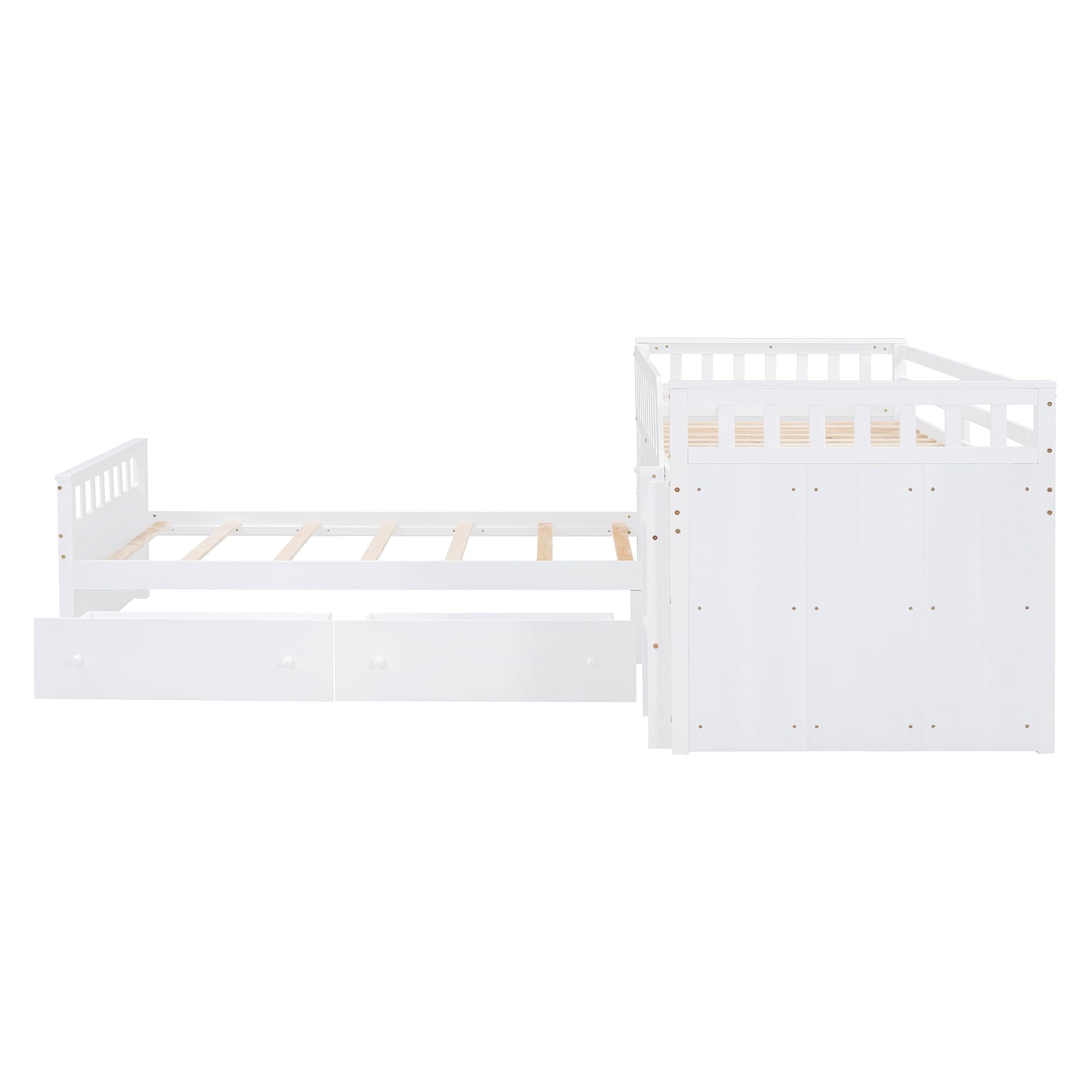 MERITLINE Twin Size Low Loft Bed and Twin Platform Bed Set, Solid Wood L-Shaped Kids Beds Frame with 7 Storage Drawers and Full Guardrails, Space-Saving 2 Beds for Girls Boys,White