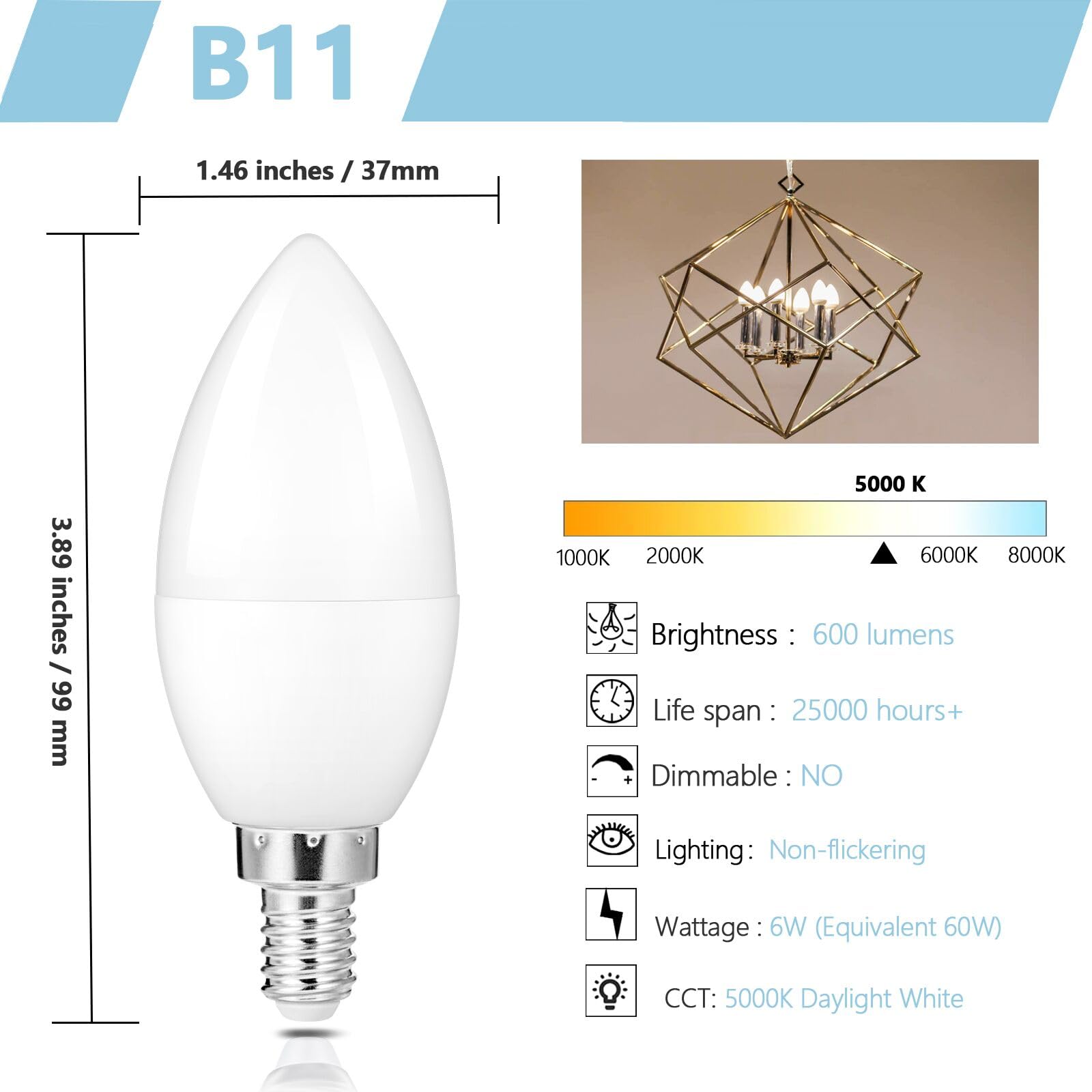 DIAMIAQ B11 LED Light Bulb E12 Candelabra Light Bulbs Daylight White Ceiling Fan Bulb Chandelier Bulbs Candle Bulbs for Ceiling Fan (6 Pack, Daylight White)