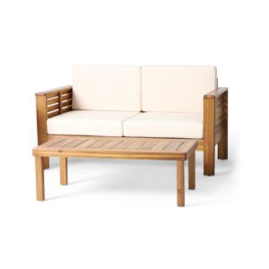 christopher knight home louver outdoor acacia wood loveseat and coffee table set with cushions, 40 "w x 20 "d x 13.75 "h, teak + cream