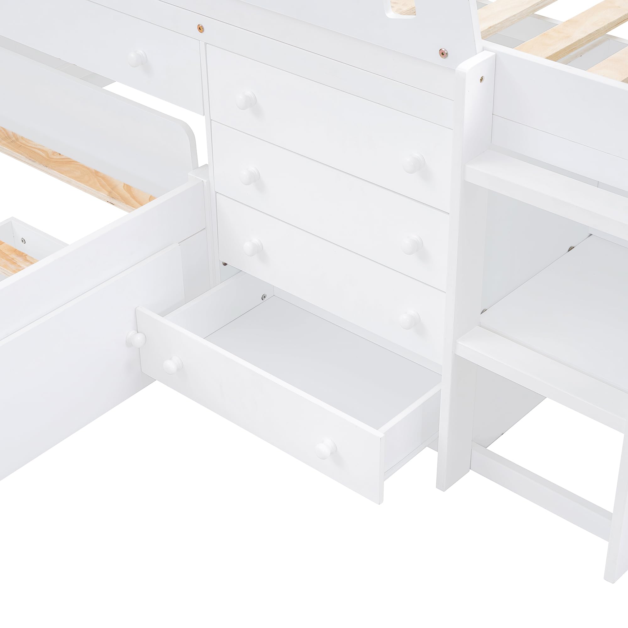 MERITLINE Twin Size Low Loft Bed and Twin Platform Bed Set, Solid Wood L-Shaped Kids Beds Frame with 7 Storage Drawers and Full Guardrails, Space-Saving 2 Beds for Girls Boys,White