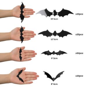 HeyMate DIY Halloween Decoration Bats Stickers, 120 Pcs 3D Bats Wall Decor Halloween Party Supplies PVC Black Spooky Bat for Indoor Outdoor