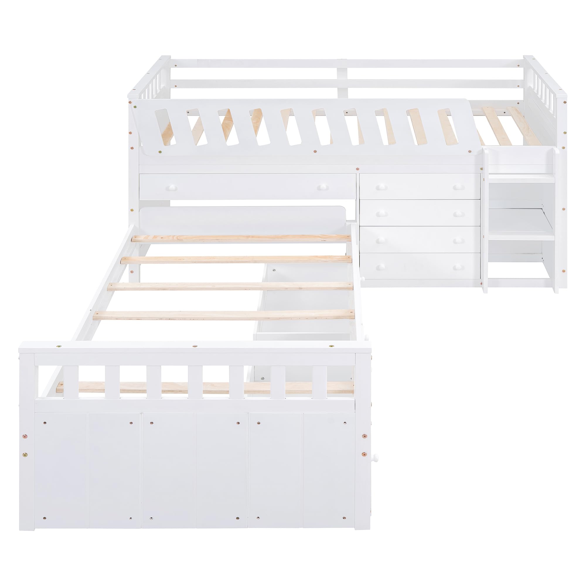 MERITLINE Twin Size Low Loft Bed and Twin Platform Bed Set, Solid Wood L-Shaped Kids Beds Frame with 7 Storage Drawers and Full Guardrails, Space-Saving 2 Beds for Girls Boys,White