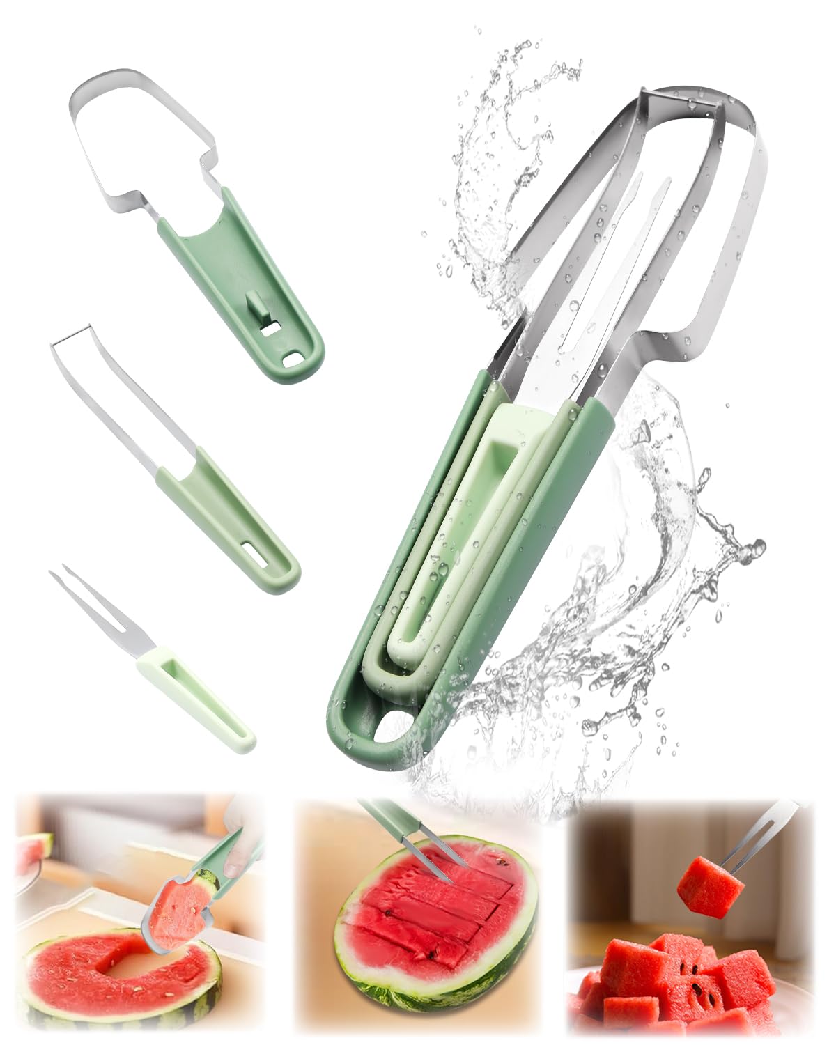 Stainless Steel 3-in-1 Watermelon Cutter Slicer Tool Portable Watermelon Popsicle Cutter Multifunctional Handheld Fruit Fork Quickly Cutting Tool Slicer Set for Home Camping Kitchen Gadgets（1PCS）