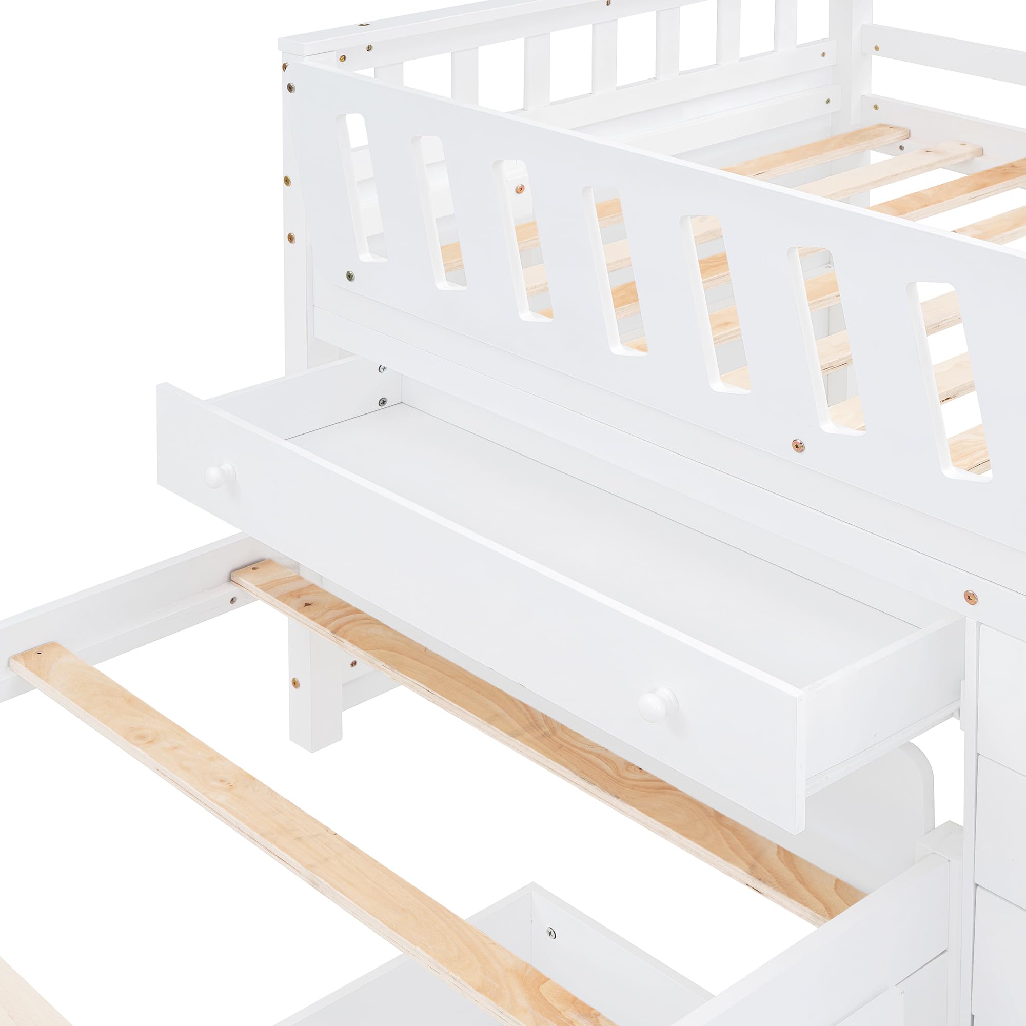 MERITLINE Twin Size Low Loft Bed and Twin Platform Bed Set, Solid Wood L-Shaped Kids Beds Frame with 7 Storage Drawers and Full Guardrails, Space-Saving 2 Beds for Girls Boys,White