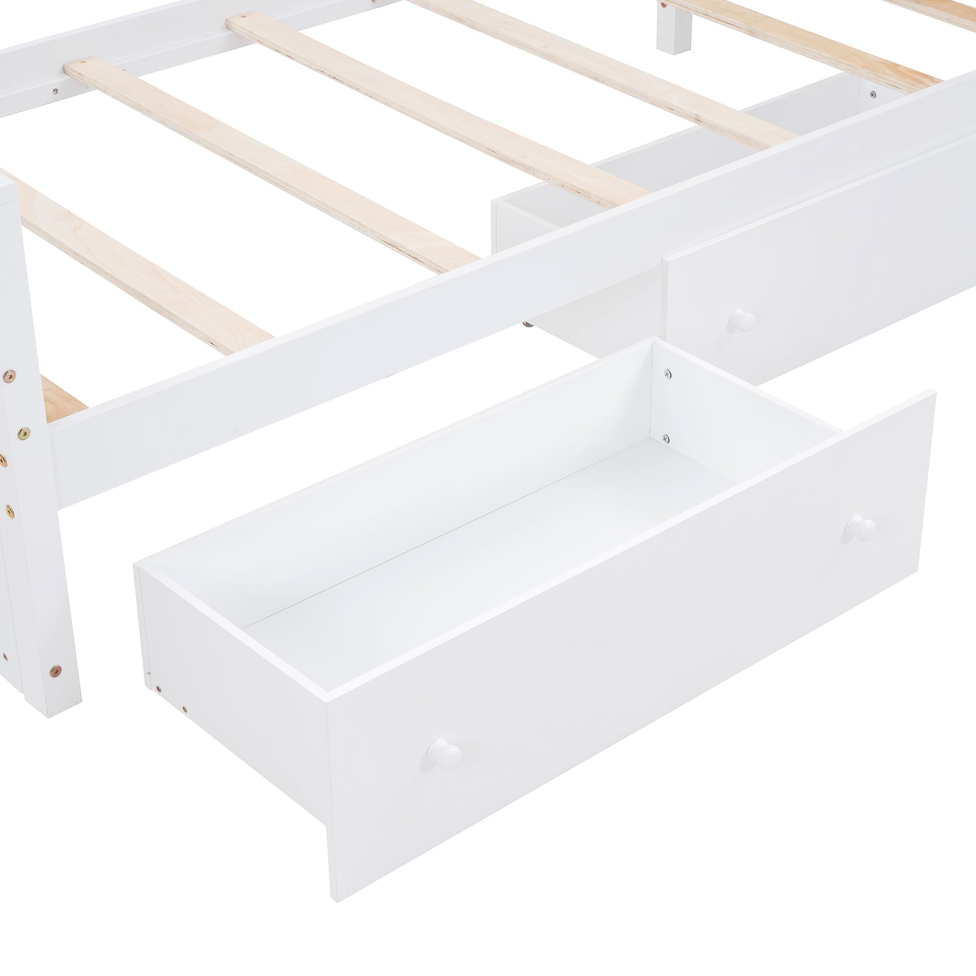 MERITLINE Twin Size Low Loft Bed and Twin Platform Bed Set, Solid Wood L-Shaped Kids Beds Frame with 7 Storage Drawers and Full Guardrails, Space-Saving 2 Beds for Girls Boys,White