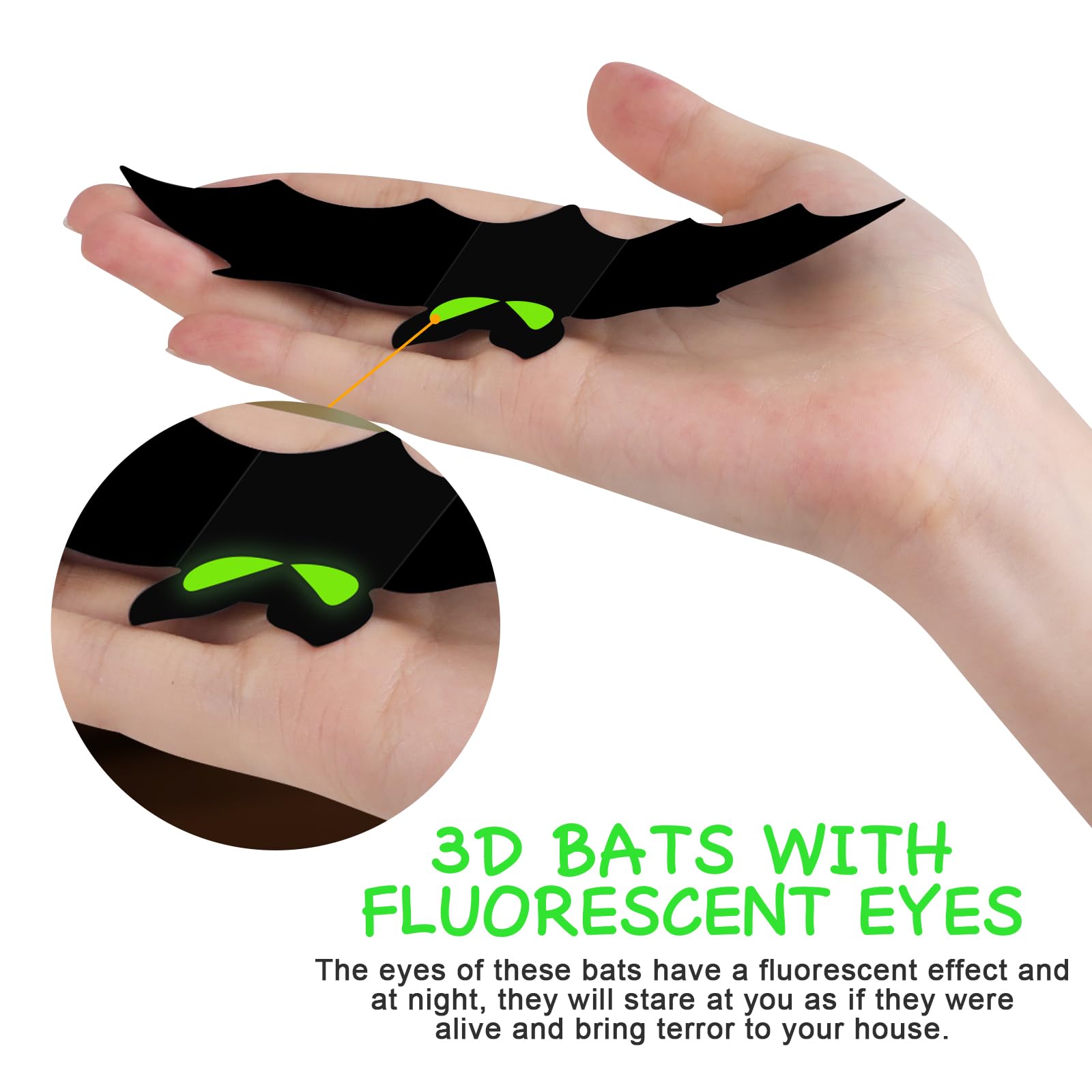 FOPINOA 3D Bats Wall Decor, 144 PCS Glow in The Dark Halloween Bats 4 Size Glow Bats Decorations Sticker Decals for Halloween Home Room Wall Decoration