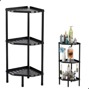 corner shower caddy standing, 3 tier shower organizer stand with 18 hooks for bathroom, metal corner shower shelf for inside shower, bathtub, floor shower shelves rack hang towels, matte black