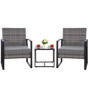 hydragarden 3pcs patio furniture set, outdoor wicker bistro conversation set with padded cushions & glass table, garden rattan chair set for porch balcony backyard (plus grey wicker & grey cushions)