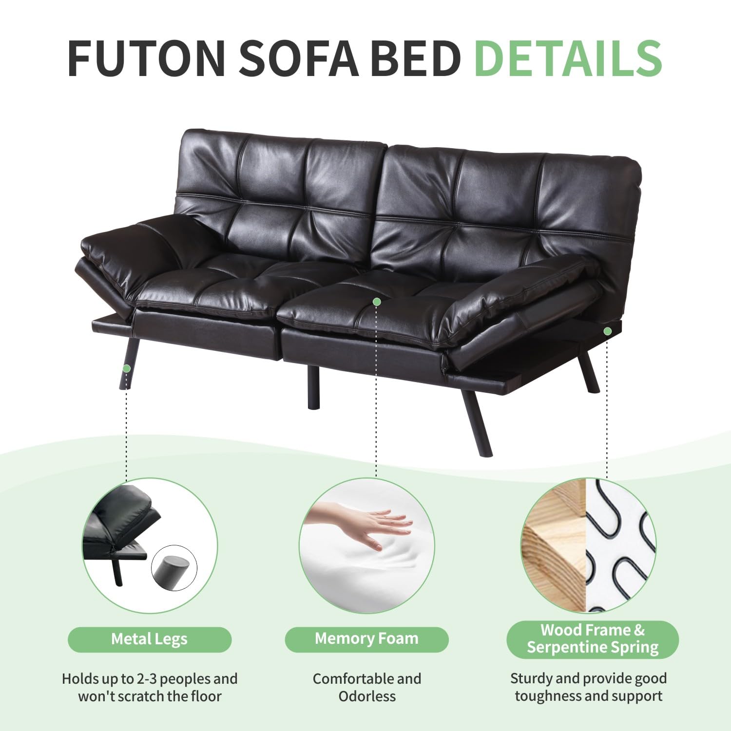 MUUEGM Futon Sofa Bed Couch, Memory Foam Futon Convertible Futon Couch, Sofa Bed Couch,Modern Loveseat Daybed Sofa,Comfy Sleeper Couch for Apartment, Living Room,Easy Assemble,Black