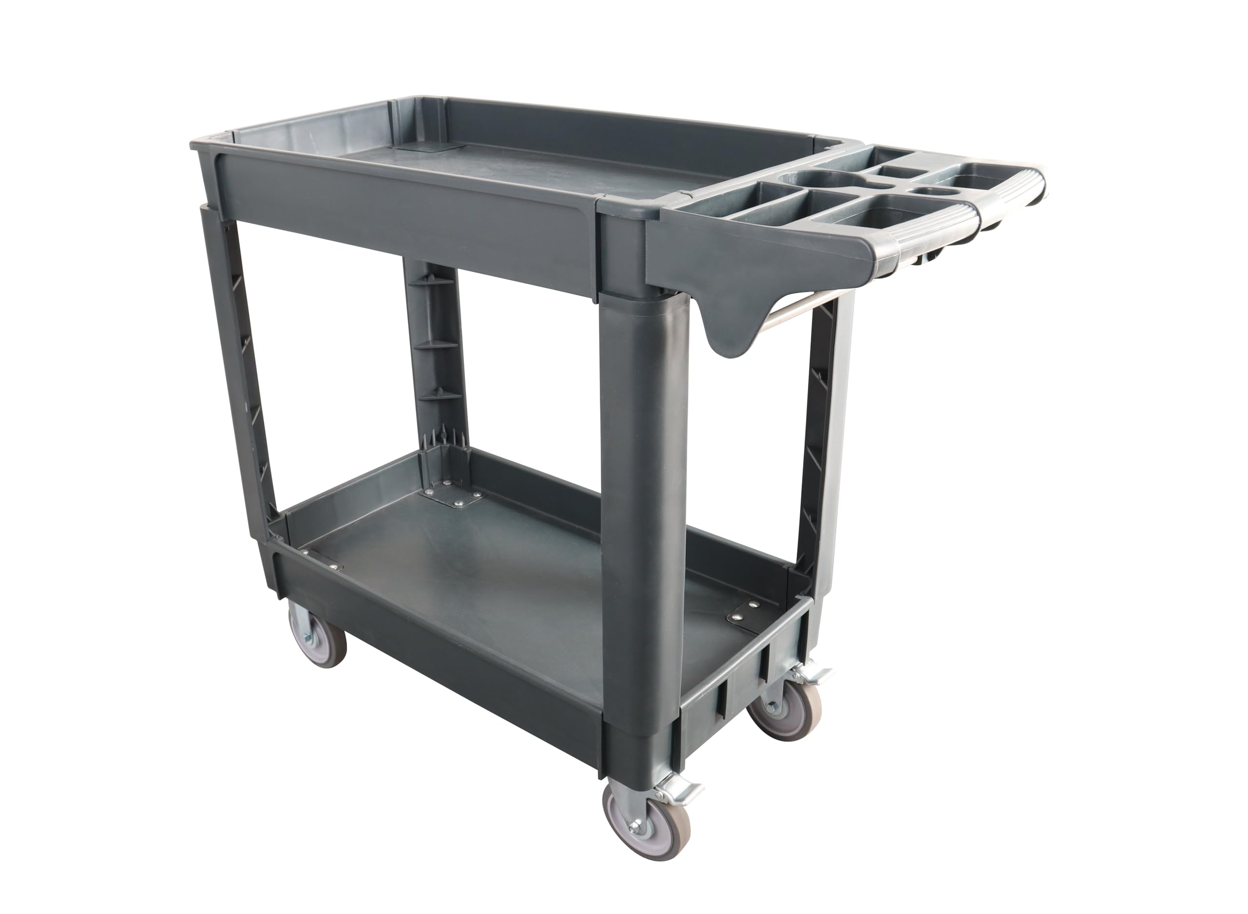 HIGOOD Utility Service Cart, 2-Shelf 500LBS Heavy Duty Plastic Rolling Utility Cart with 360° Swivel Wheels, Lipped Shelves, Ergonomic Storage Handle for Warehouse/Garage