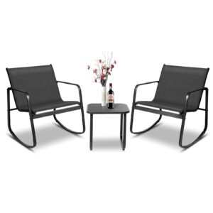 suncrown 3-piece outdoor rocking bistro set, outdoor furniture set with patio rocking chairs, and glass-top table, small conversation set of 3 for porch, lawn, garden, yard, balcony, poolside -black