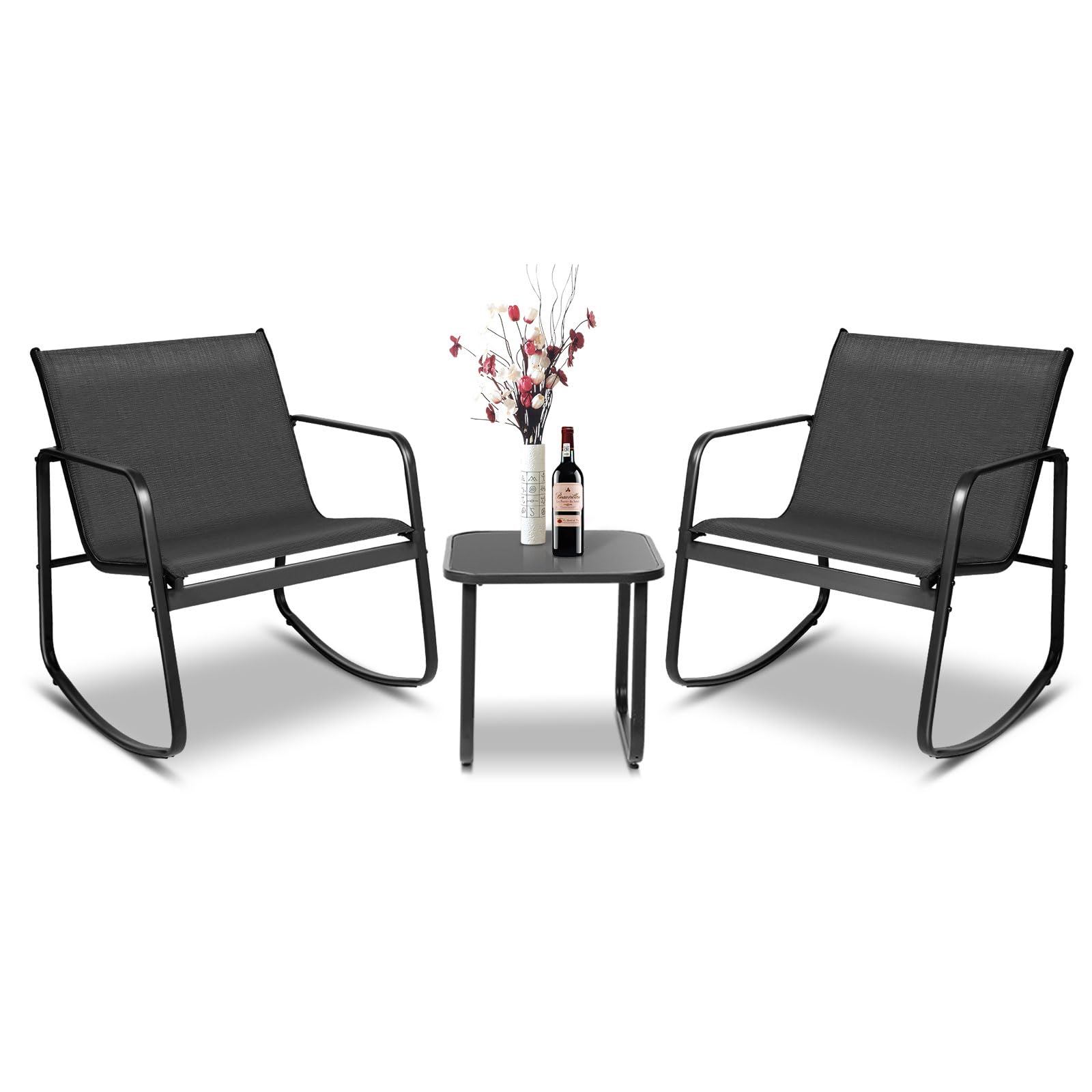 SUNCROWN 3-Piece Outdoor Rocking Bistro Set, Outdoor Furniture Set with Patio Rocking Chairs, and Glass-Top Table, Small Conversation Set of 3 for Porch, Lawn, Garden, Yard, Balcony, Poolside -Black