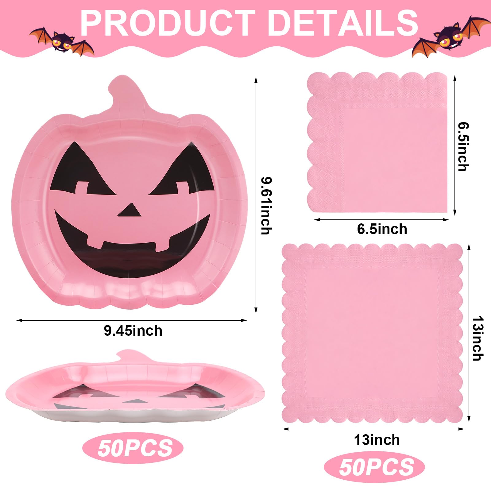 Zhehao 100pcs Halloween Pink Pumpkin Plate Party Dinnerware Set Pink Pumpkin Shaped Disposable Paper Plates Napkins Halloween Disposable Tableware Party Supplies for Holiday Birthday Party Supplies