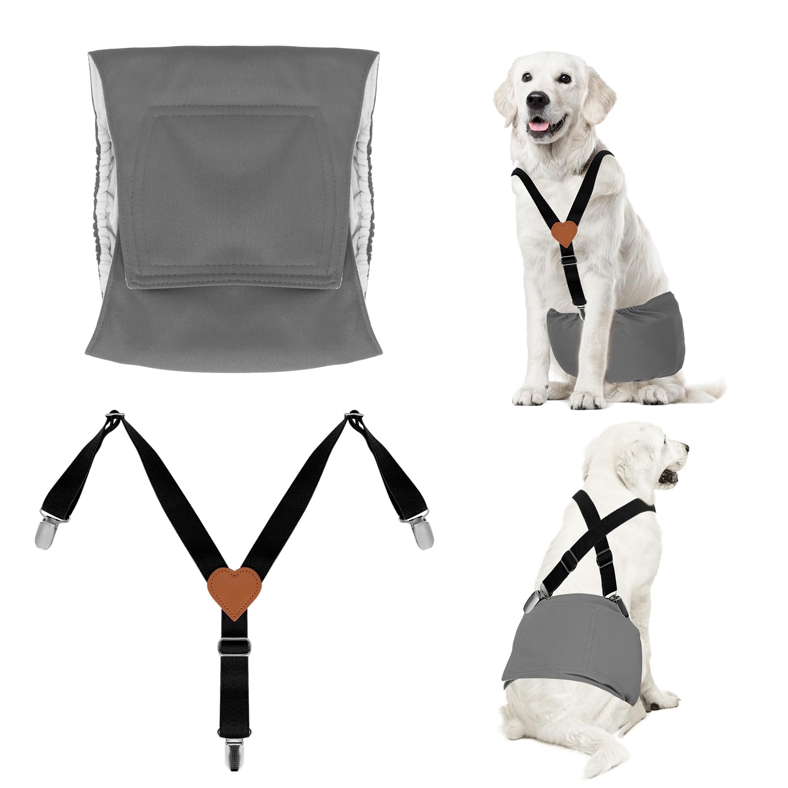 JUDIXY Premium Reusable Dog Belly Bands for Male Dogs (2 Pack) - 1 Washable Dog Diapers Male & 1 Adjustable Suspenders for Urination Incontinence, Available in Small, Medium, Large (Grey M)