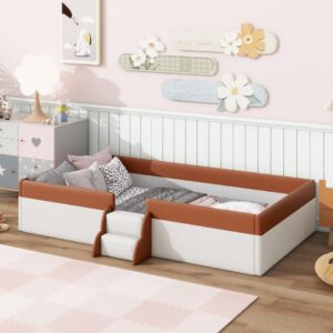 jijiwang twin size soft floor bed with stairs, pu leather upholstered grounded daybed, low profile bed with slat support for kids boys girls teens adults,（brown+white）