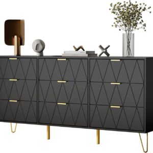 UEV Black Dresser for Bedroom,Modern 9 Drawer Triple Dresser with Gold Accents,Long Storage Dresser for TV Stand & Closet,Large Chest of Drawers for Living Room,Hallway,Entryway