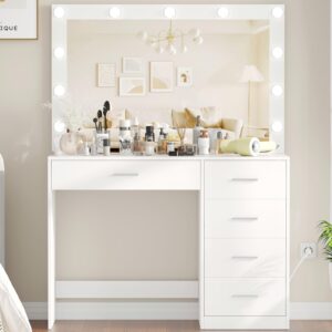 irontar vanity desk with charging station, makeup table with large mirror, makeup vanity with lights, brightness adjustable, dressing table desk with 5 drawers, bedroom vanity table, white wdt010w