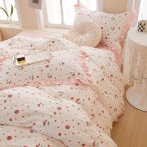 MKXI Strawberry Comforter Set Twin XL Pink White Floral Comforters Kawaii Fruits Artistic Bedding Set Princess Twin Bed Comforter with Ruffles Girls Pink Flowers Bedding Comforter Duvet Set