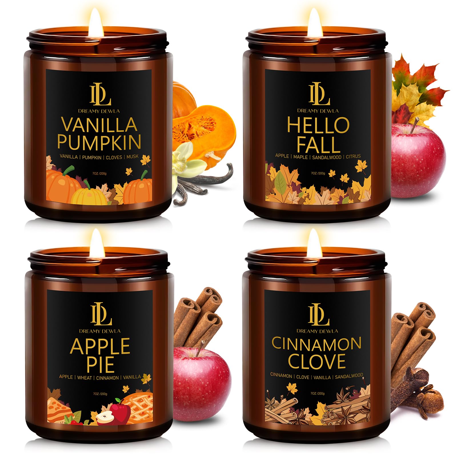 Fall Candle Set, Fall Candles for Home Scented, 4 Pack Soy Candles for Autumn, Aromatherapy Candle Gift Set for Women Men, Fall Scents of Pumpkin/Apple Pie/Hello Fall/Vanilla Cupcake