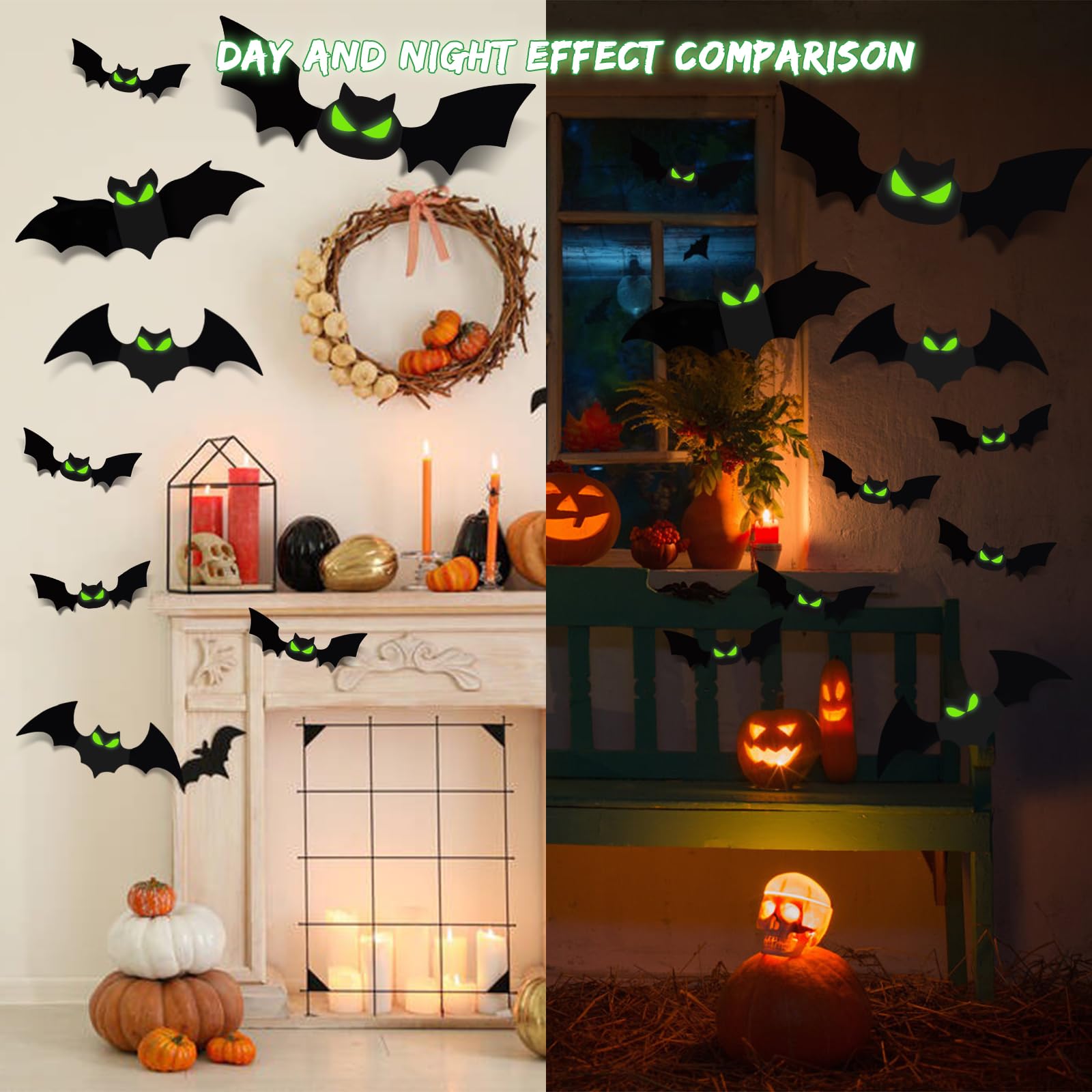 FOPINOA 3D Bats Wall Decor, 144 PCS Glow in The Dark Halloween Bats 4 Size Glow Bats Decorations Sticker Decals for Halloween Home Room Wall Decoration