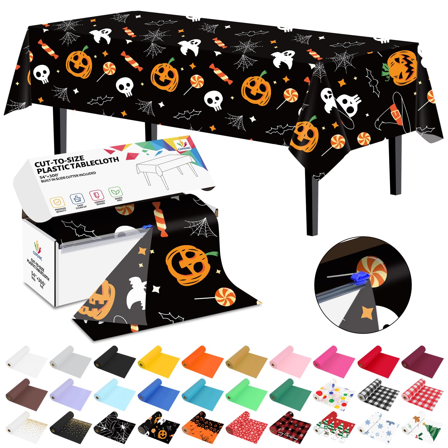 CXPSINC 54 Inch X 300 Feet Plastic Table Cover Roll Disposable Halloween Pumpkin Ghost Tablecloth with Slide Cutter for Home Decor Halloween Party Decorations