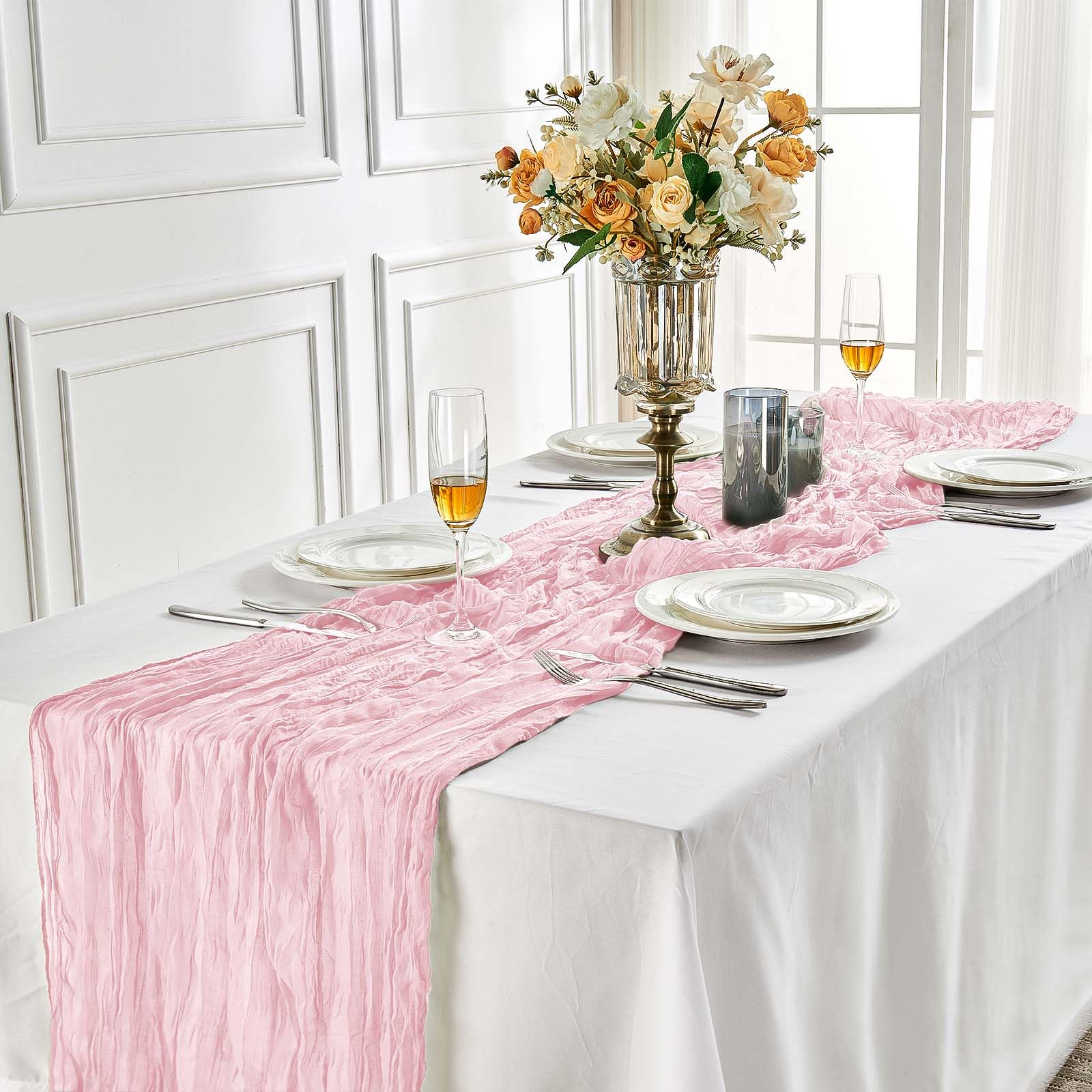 Light Pink Cheesecloth Table Runner 10ft Pink Table Runner Gauze Rustic Boho Table Runner Sheer Runner for Wedding Party Bridal Shower Thanksgiving Christmas Party Decoration