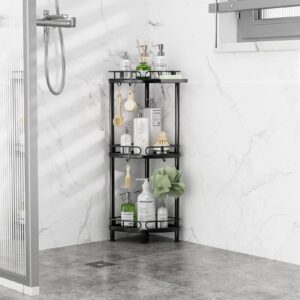 SWTYMIKI Corner Shower Caddy Standing - 3 Tier Stainless Steel Shower Organizer Stand with 4 Hooks & Soap Holder, Rustproof Metal Standing Tall Floor Shower Shelf and Bathroom Organizer, Black