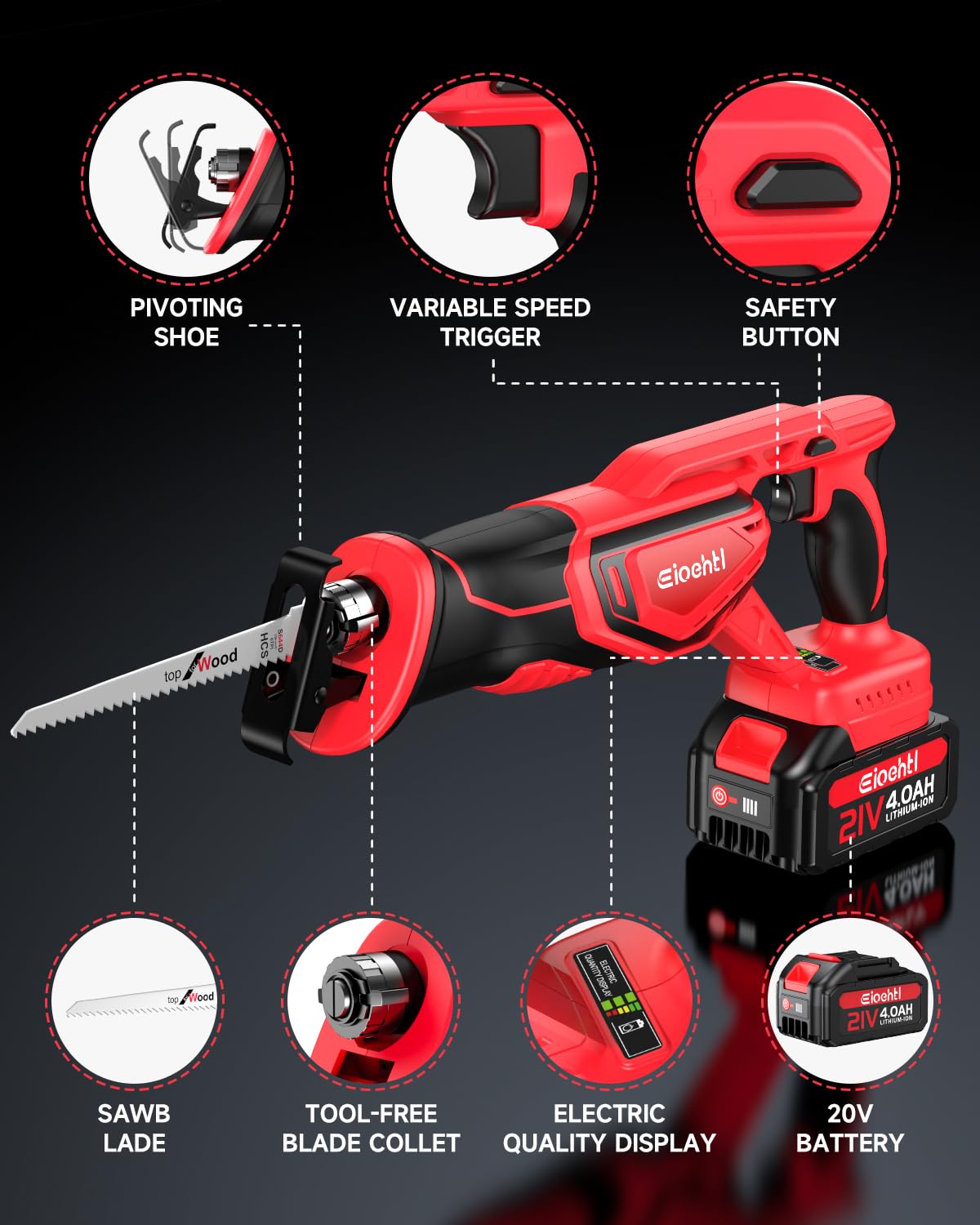 Reciprocating saw, Enhanced 3500 SPM Low Noise Brushless Motor, High-Performance 2*21V 4.0 Ah Batteries Extended Standby, 8 pcs Versatile Alloy Steel Blade Set Easily Cut Through Wood, Metal, ABS etc.