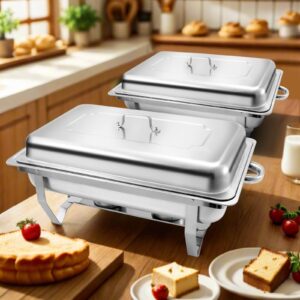 Jacgood 8 Qt 4 Pack Full Size Stainless Steel Chafing Dishes Buffet Set, Silver Rectangular Catering Chafer Warmer Set with Trays Pan Lid Folding Frame Stand for Kitchen Party Banquet Dining